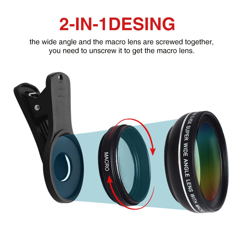 APEXEL 2in1 Lentille 0.45X Grand Angle + 12.5X Objectif Macro ...